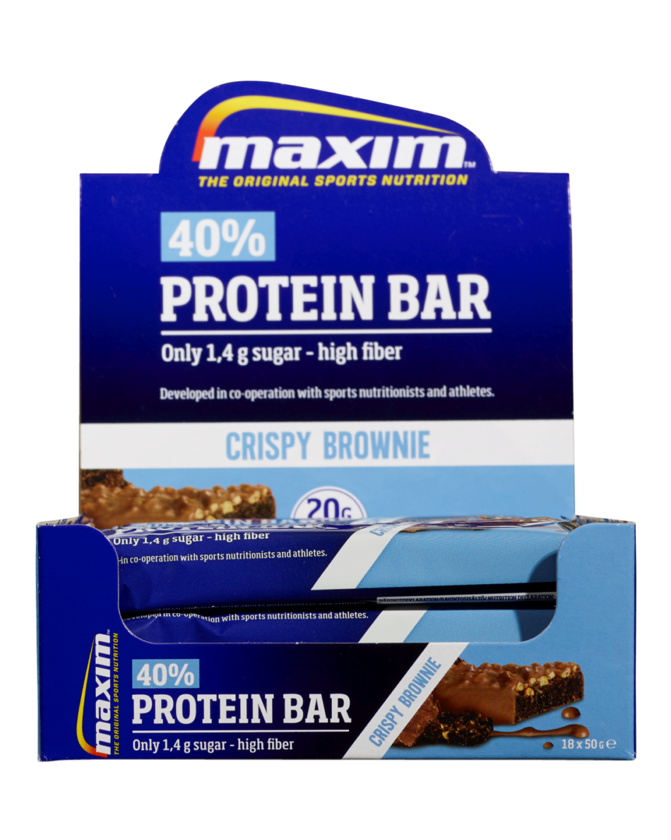 Maxim 40% Protein Bar Crispy Brownie 18x50g - Tights.no