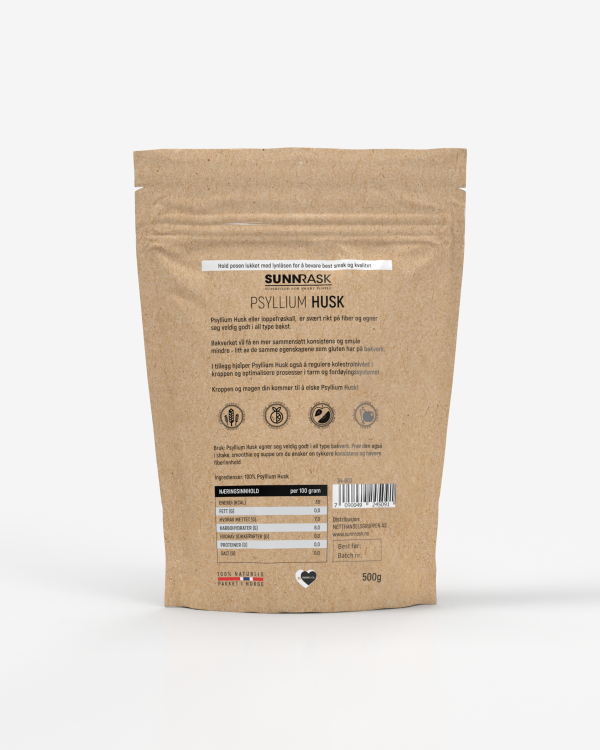 SunnRask Fiberhusk Malte Psylliumfrøskall 500g - Tights.no