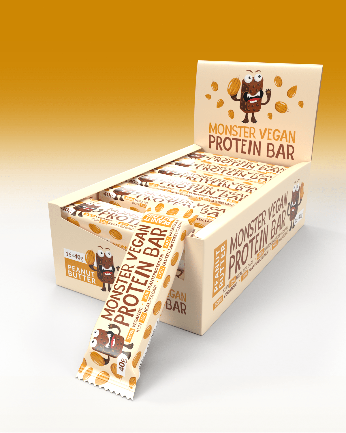 Monster Vegan Raw Protein Bar - Peanut Butter 16x40g - Tights.no