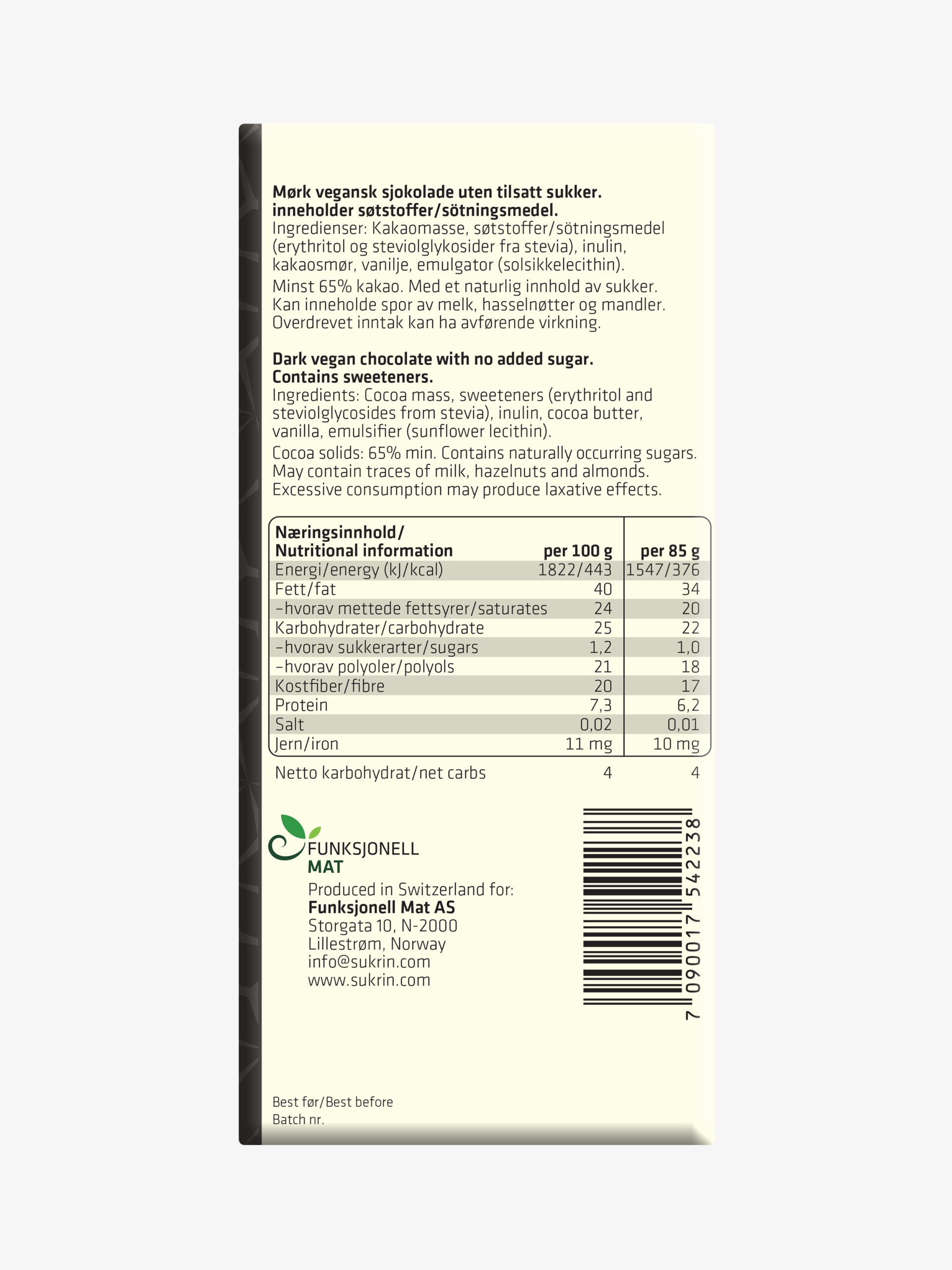 Funksjonell Mat Sukrin Dark Chocolate 85g - tights.no