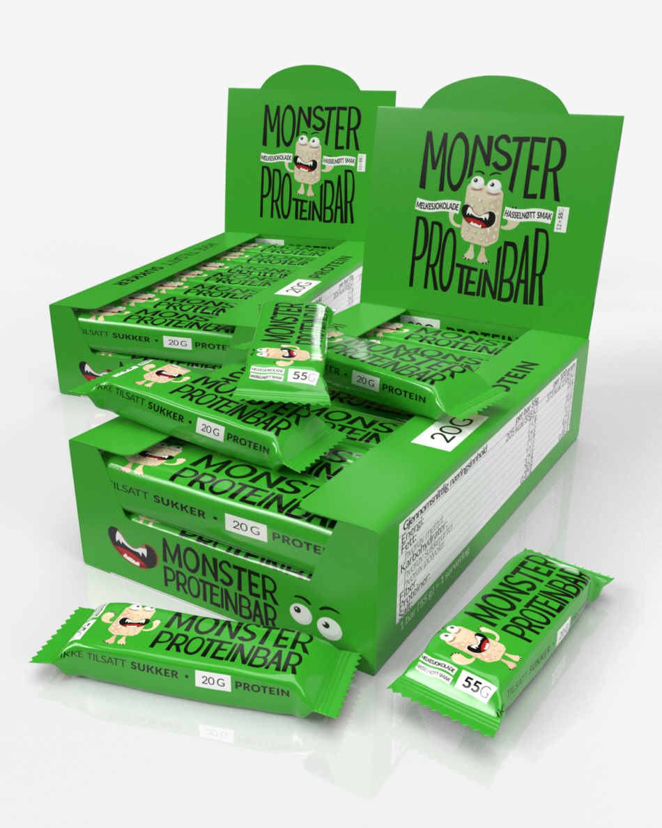 24-pack Monster Premium Proteinbar – Hazelnut Nougat – 55g - Tights.no
