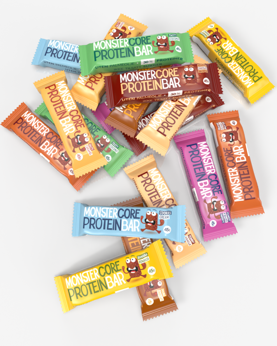 Monster Core Protein Bar SMAKSPAKKE! 9 SMAKER OG 18 BARER! - Tights.no